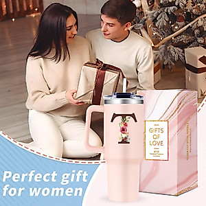 Gooddooes Monogrammed 40oz Tumbler with Handle for Women, Personalized Birthday Gifts for Women,Initial Cups for Women Floral Letter T,Customized Gifts for Women Lady Gift for Mothers Day Christmas