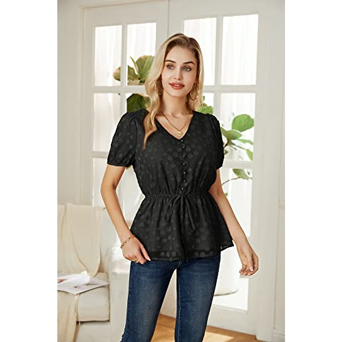 GRACE KARIN Women's Peplum Tops 2023 Summer V Neck Ruffle Short Sleeve Blouse Jacquard Flowy Shirt Tunic Top Black