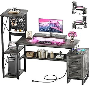 Computer Desk with 2 Fabric Drawers - Reversible Home Office Desk with Power Outlet & LED Lights, 53" Writing Desk with Monitor Stand & Storage Shelves, Gaming Desk Study Table with Pegboard, Grey Oak