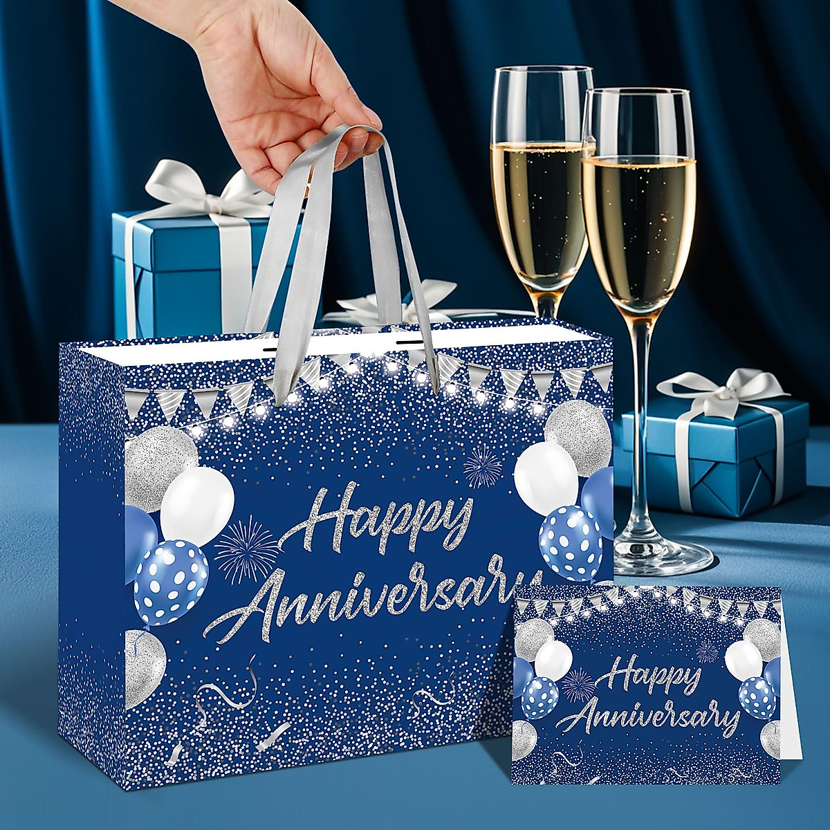 Blue Silver Anniversary Party Gift Bag with Tissue Papers and Card, Wedding Anniversary Paper Gift Wrapping Paper Bag11.8'' for Men Women Anniversary Party, Wedding Anniversary Party Supplies