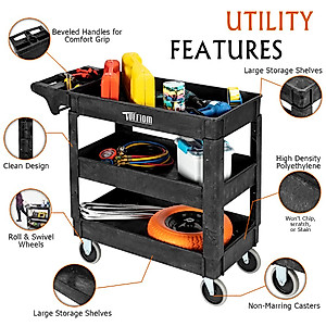 TUFFIOM Plastic Service Utility Cart, Support 550lbs Capacity Ergonomic Handle, Heavy Duty Tub Storage Cart W/Deep Shelves, Multipurpose Rolling 2-Tier Mobile Storage Organizer, for Warehouse Garage