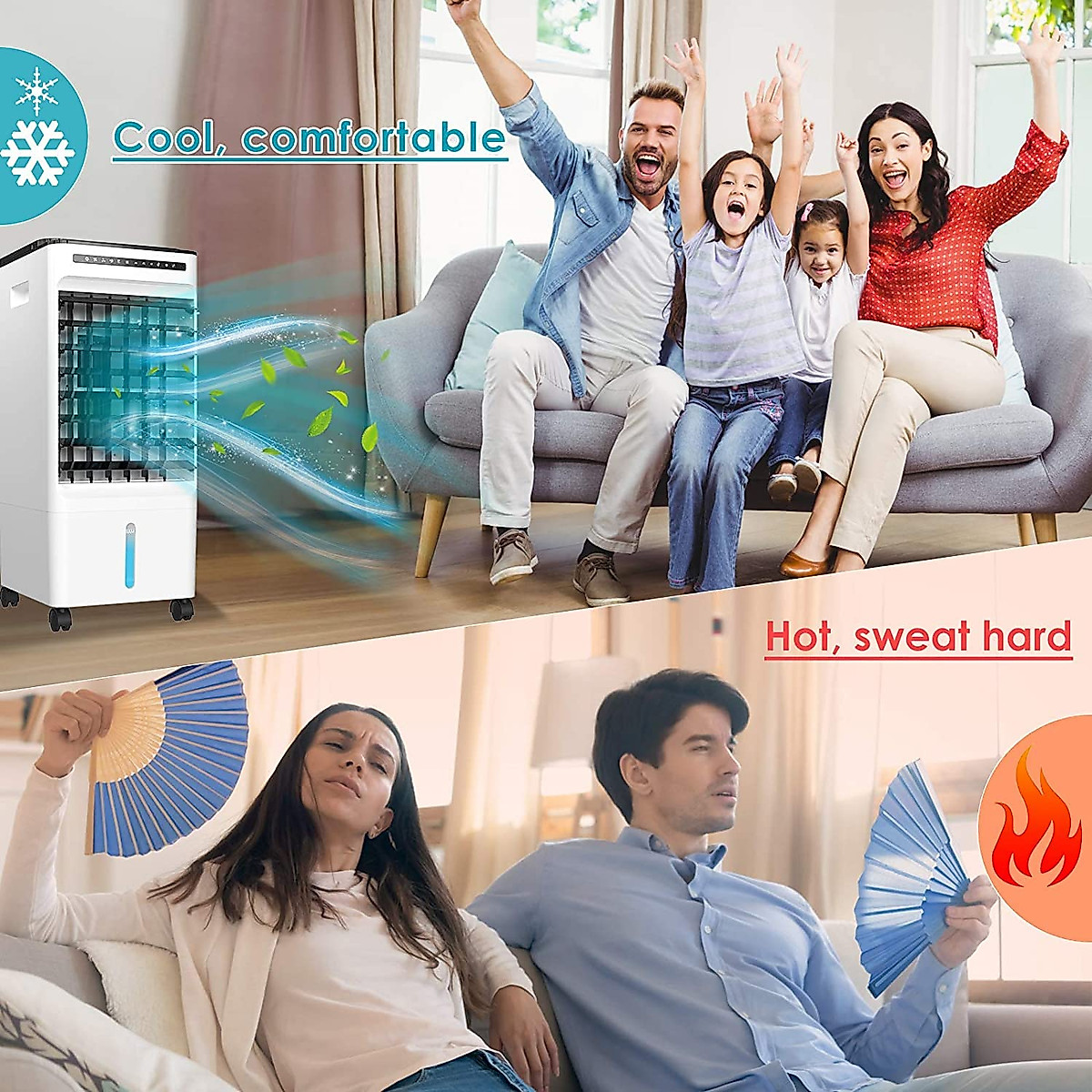 Portable Air Conditioner, 4-IN-1 Evaporative Air Cooler, with 4 Modes 3 Speeds, 1-7H Timer and Negative Ion Function, Portable Air Cooler with 1.35 Gallon Water Tank & 90°Oscillation, Remote Control for Home and Office [Energy Class A++]