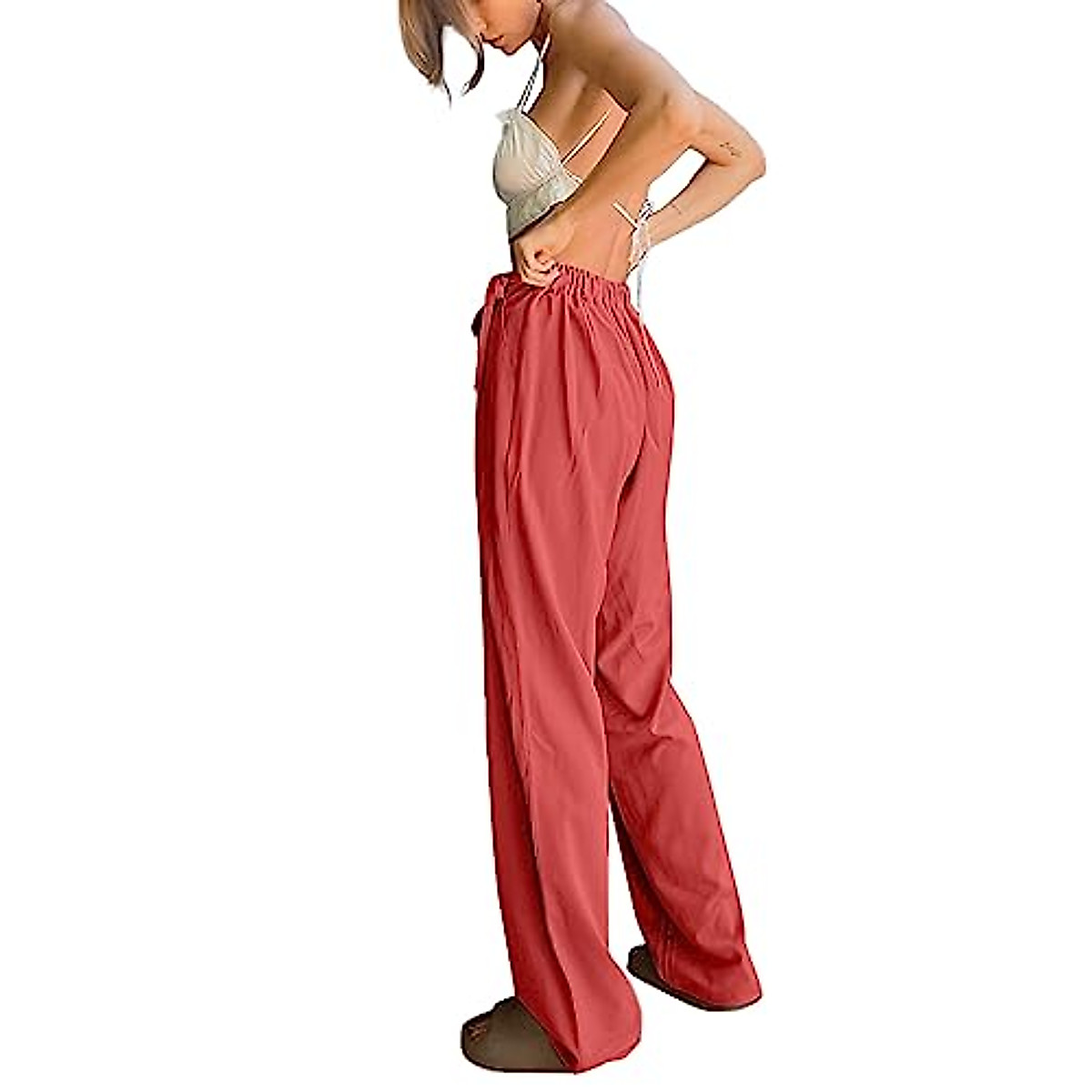 LYANER Women's Casual Tie Side High Waist Wide Leg Palazzo Pants with Pockets Rust Red Medium