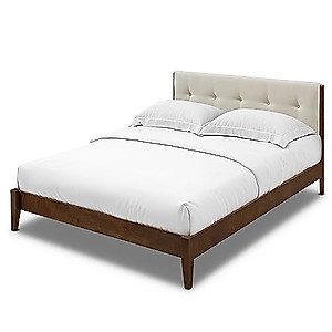 DG Casa Dickens Mid Century Modern Upholstered Platform Bed Frame with Button Tufted Headboard and Full Wooden Slats, Box Spring Not Required - Queen Size in Beige Fabric