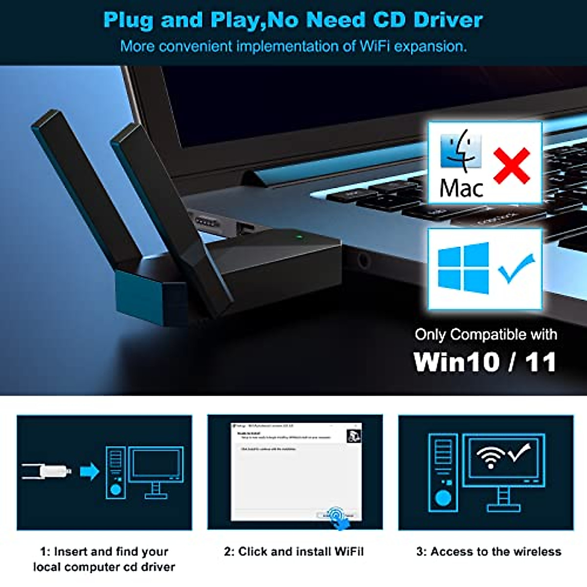 USB WiFi 6 Adapter for PC, AX1800 USB3.0 Wireless WiFi Adapter for Desktop PC with 5G/2.4G High Gain Antenna, Drive Free 1800Mbps Dual Band WiFi Dongle, PC WiFi Adapter Only Support Win10/11