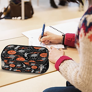 Basketball Slam Player Hoop Leather Pencil Case Pen Holder Sports-Themed Large Capacity Stationery Organizer Pencil Bag with Zipper for Boys Girls Basketball Pencil Pouch for School College Office