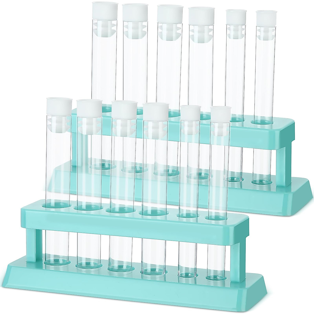 Copkim 2 Sets Test Tubes with Rack Clear Plastic Test Tubes with Caps and 6 Holes Holder Rack Nurse Party Decorations Shot Tubes for Scientific Experiments Party Favors Candy (Blue,Removable)