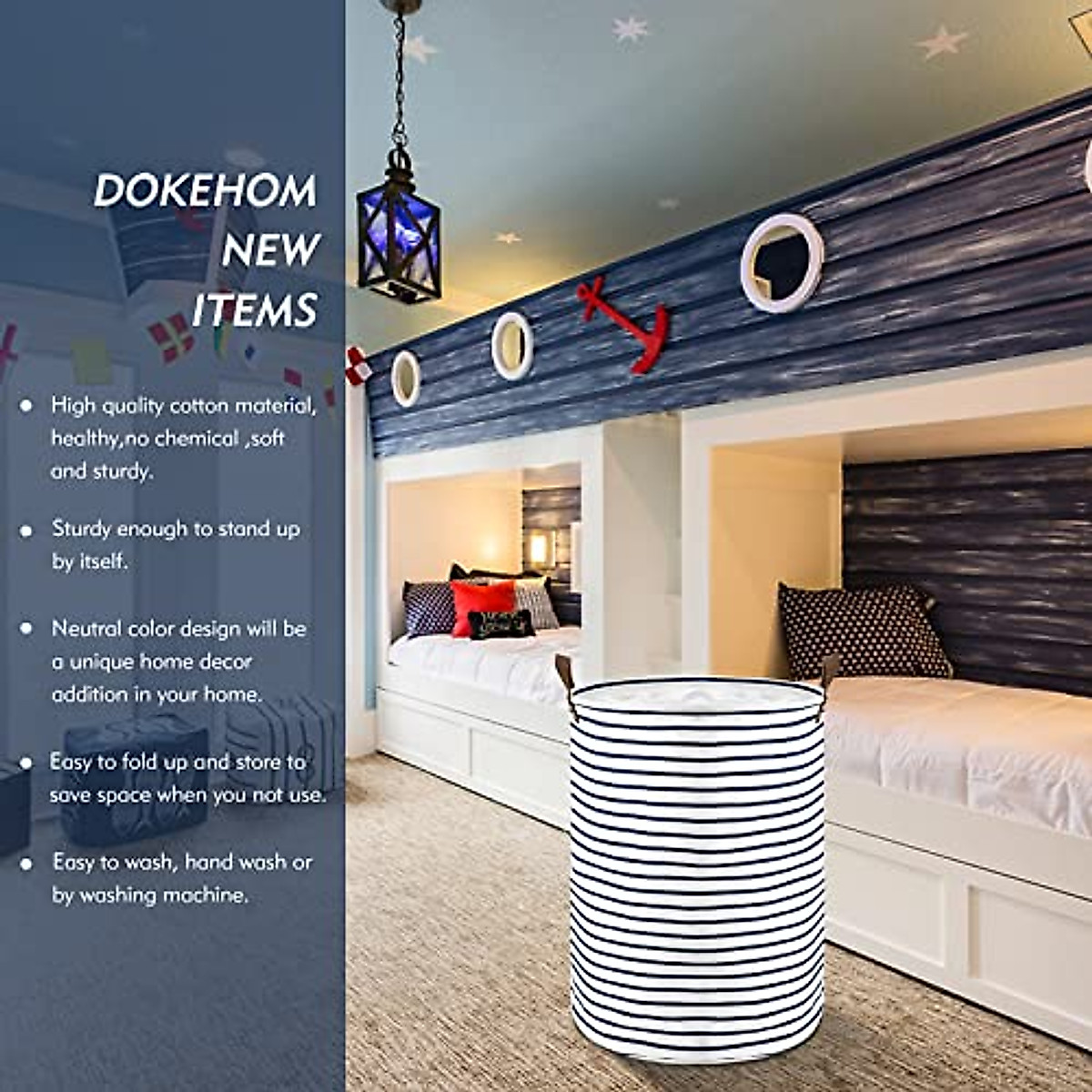 DOKEHOM 17.7-Inches Freestanding Laundry Basket with Lid, Collapsible Large Drawstring Clothes Hamper Storage with Leather Handle (Blue Stripe, M)