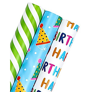 WRAPAHOLIC Birthday Wrapping Paper Roll - Mini Roll - 3 Rolls - 17 Inch X 120 Inch Per Roll - Happy Birthday Lettering and Stripe for Kid's Birthday, Baby Shower