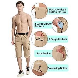 Pausel Men's Hiking Cargo Shorts Big and Tall Summer Capri Pants Travel Shorts with Zipper Pockets for Golf Fishing Camping Khaki 4XL