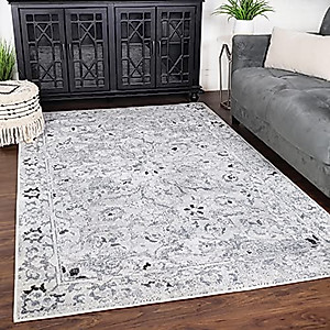 SUPERIOR Indoor Large Area Rugs with Jute Backing, Modern Distressed Floral Decor, Perfect for Entryway, Kitchen, Office, Bedroom, Living/ Dining Room, Dorm, Caine Collection, 5' x 8', Platinum