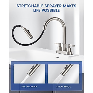 FELIXBATH Bathroom Sink Faucet with Pull Out Sprayer 2 Handles, Brushed Nickel Pull Down Bathroom Faucet 3 Holes, 4 Inch Sink Faucet Bathroom, 360 Degree Swivel Spout, Pop Up Drain Assembly Included