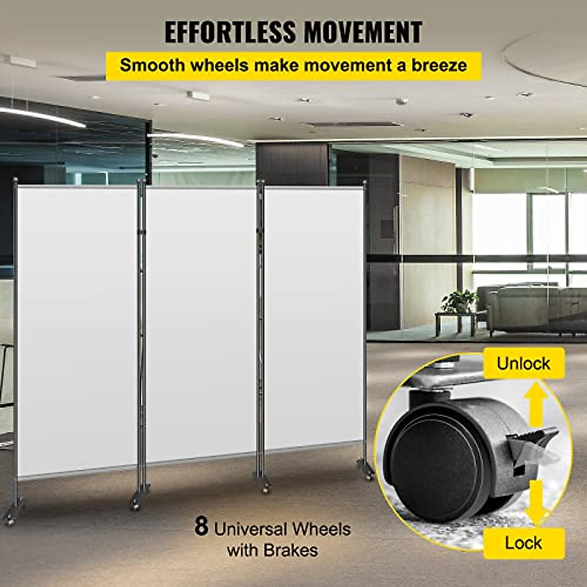 VEVOR Room Divider 6ft, Room Divider Wall 3 Panels, Partition Room Dividers 89"x73", Folding Room Divider, Panel Room Divider, Folding Privacy Screen with Wheels (Light Gray) for Home, Dorm, Office