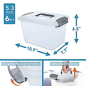 Citylife 6 Packs 5.3 QT Storage Bins with Lids Clear Plastic Bins with Grey Handle Stackable Storage Containers for Organizing