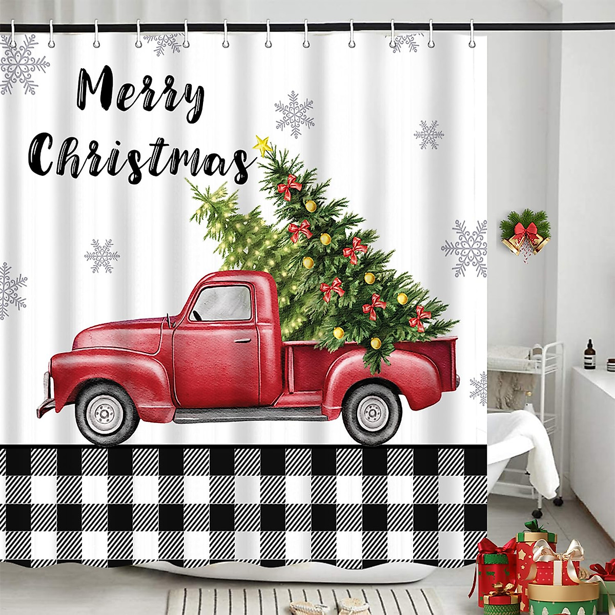 iTapnoom Merry Christmas Shower Curtain, Christmas Tree On The Red Truck and Snowflake Winter Holiday Party Farmhouse,Waterproof Polyester Durable Cloth Fabric Bathroom Decor Set with Hooks,72x72