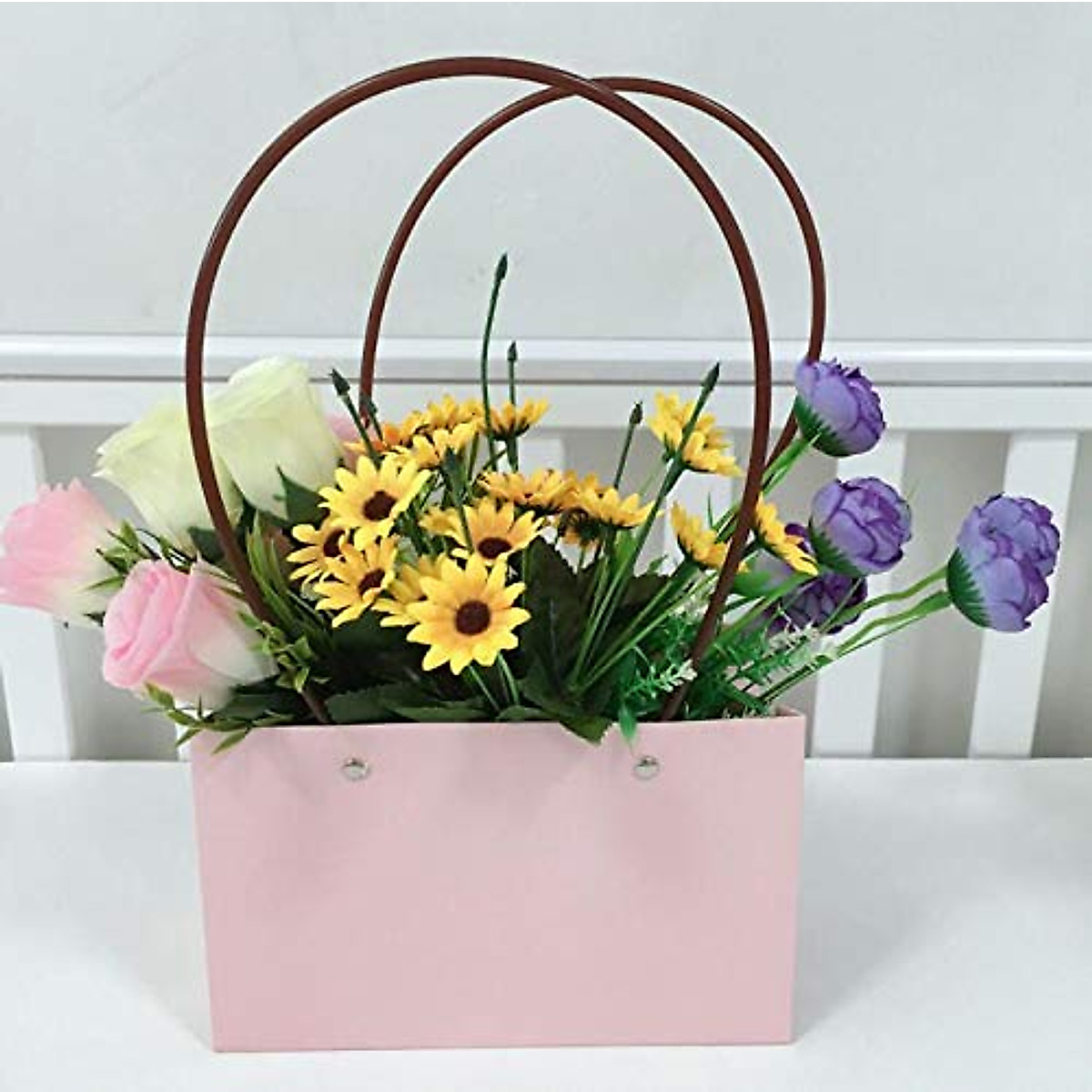 Shiwaki 5pcs Kraft Paper Flower Gift Bags Bouquet Bags Box Waterproof Brown Paper Carrier Bags with Handle Tote Bags for Birthday Wedding Party Favors - Pink
