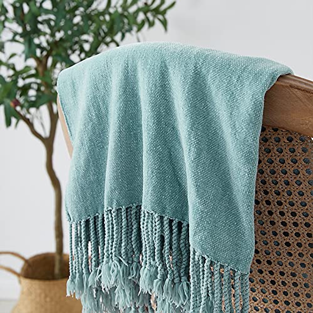 BOURINA Chenille Throw Blanket with Decorative Fringe for Couch Sofa Chair Blanket (50×60 Inches) Aqua