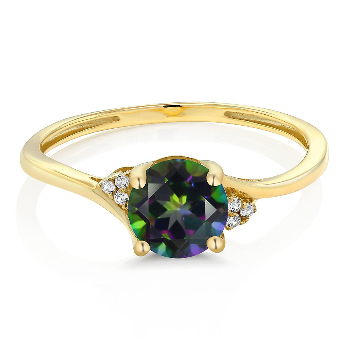 Gem Stone King 10K Yellow Gold Diamond Accent Engagement Ring Set with 6mm 1.05 Ct Round Green Mystic Topaz (Size 8)