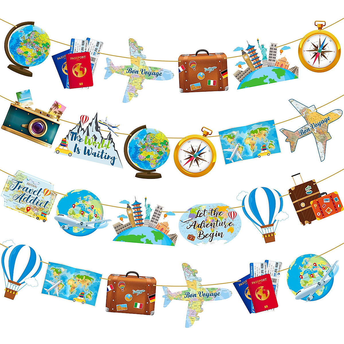 4pcs Travel Theme Party Banners Adventure Awaits Party Decorations Let The Adventure Begin Bon Voyage Map Theme Banners for Around The World Party Graduation Farewell Retirement Party Supplies