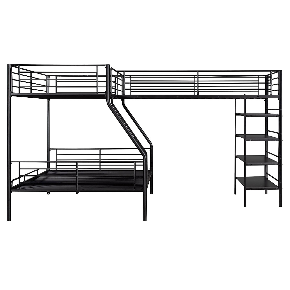 BIADNBZ L-Shaped Metal Twin Over Full Bunk Bed and Twin Size Loft Bed with Four Built-in Shelves,Full-Length Guardrails for Kids/Teens,Black