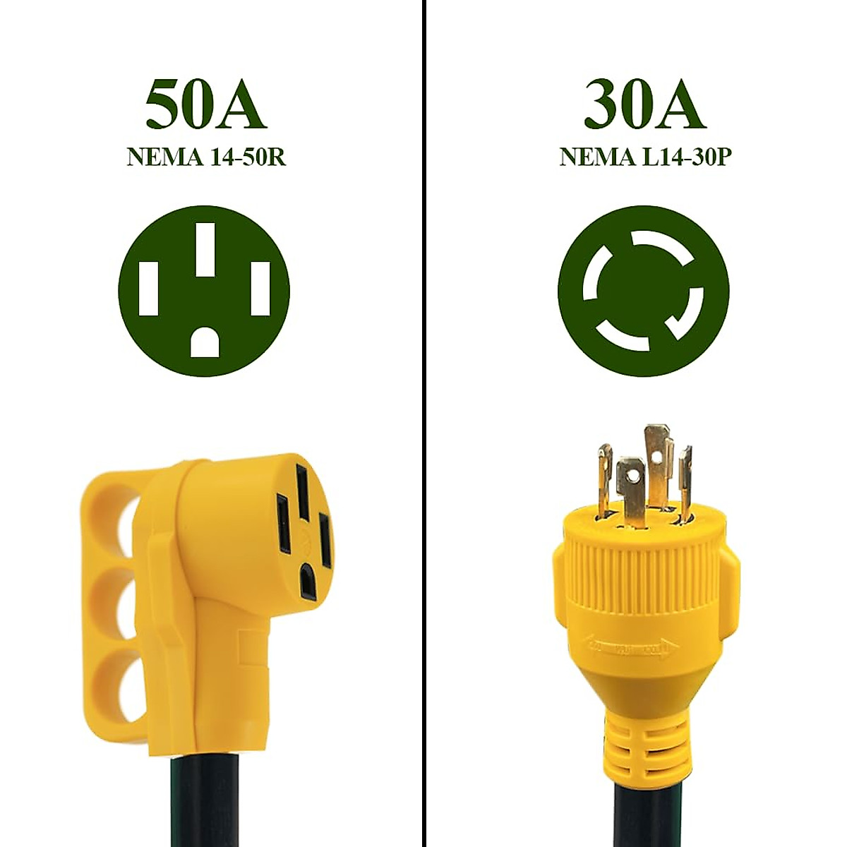 30 Amp 4 Prong Generator to Power 50 Amp RV,Extension Power Cord RV Generator Adapter NEMA L14-30P 30 Amp 4 Prong Male Locking Plug to 14-50R 50 Amp Female Outlet, Load Up to 30 Amp 250V,12 Inch