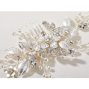 SWEETV Silver Bridal Hair Comb for Wedding Hair Accessories, Handmade with Crystals, Pearls, and Leaves, 4.72 x 2.75 inches, for Brides, Women