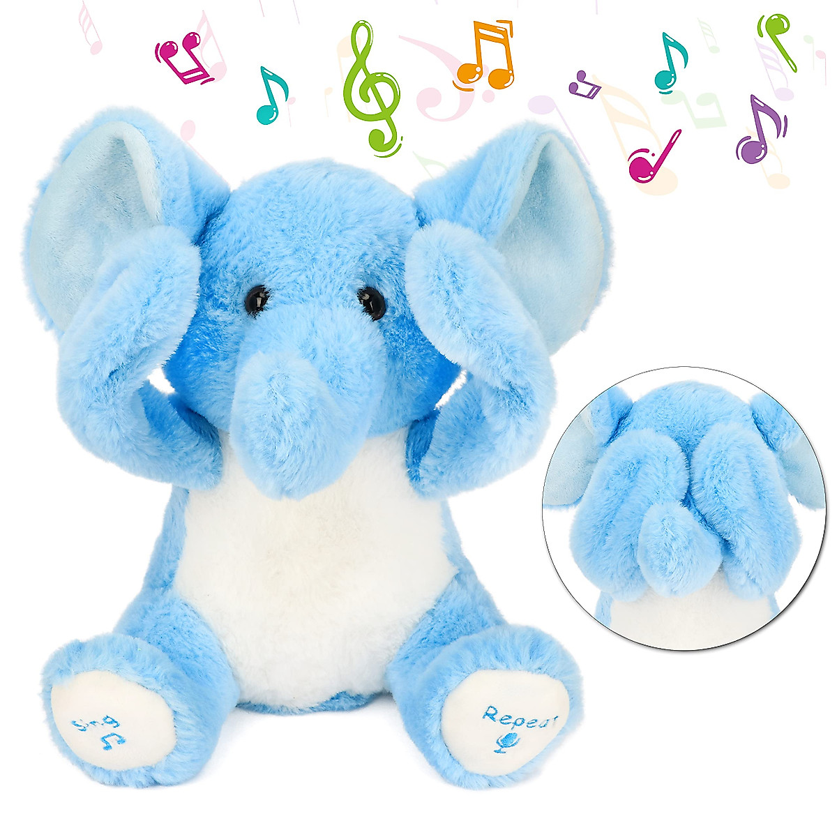Hopearl Peek A Boo Elephant Interactive Repeats What You Say Plush Elephish Toy Musical Singing Talking Stuffed Animal Adorable Electric Animate Birthday Festival, Blue, 11.5''