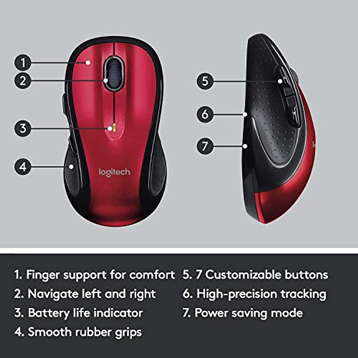 Logitech M510 Wireless Computer Mouse – Comfortable Shape with USB Unifying Receiver, Back/Forward Buttons and Side-to-Side Scrolling - Red
