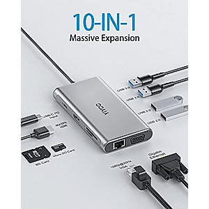 USB C Hub VGA Adapter, YIYOO 10-in-1 Docking Station with Ethernet 1000Mbps, VGA, 4K USB C to HDMI, 2 USB 3.0, 2 USB 2.0, Micro SD/TF Card Reader, USB-C PD 3.0, Compatible for Laptops, Computers