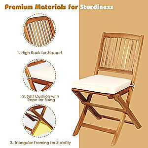 Giantex 3Pcs Patio Bistro Set, Wood Folding Table Set, 2 Cushioned Chairs for Garden Yard, Outdoor Furniture Round Table (Natural & Beige)