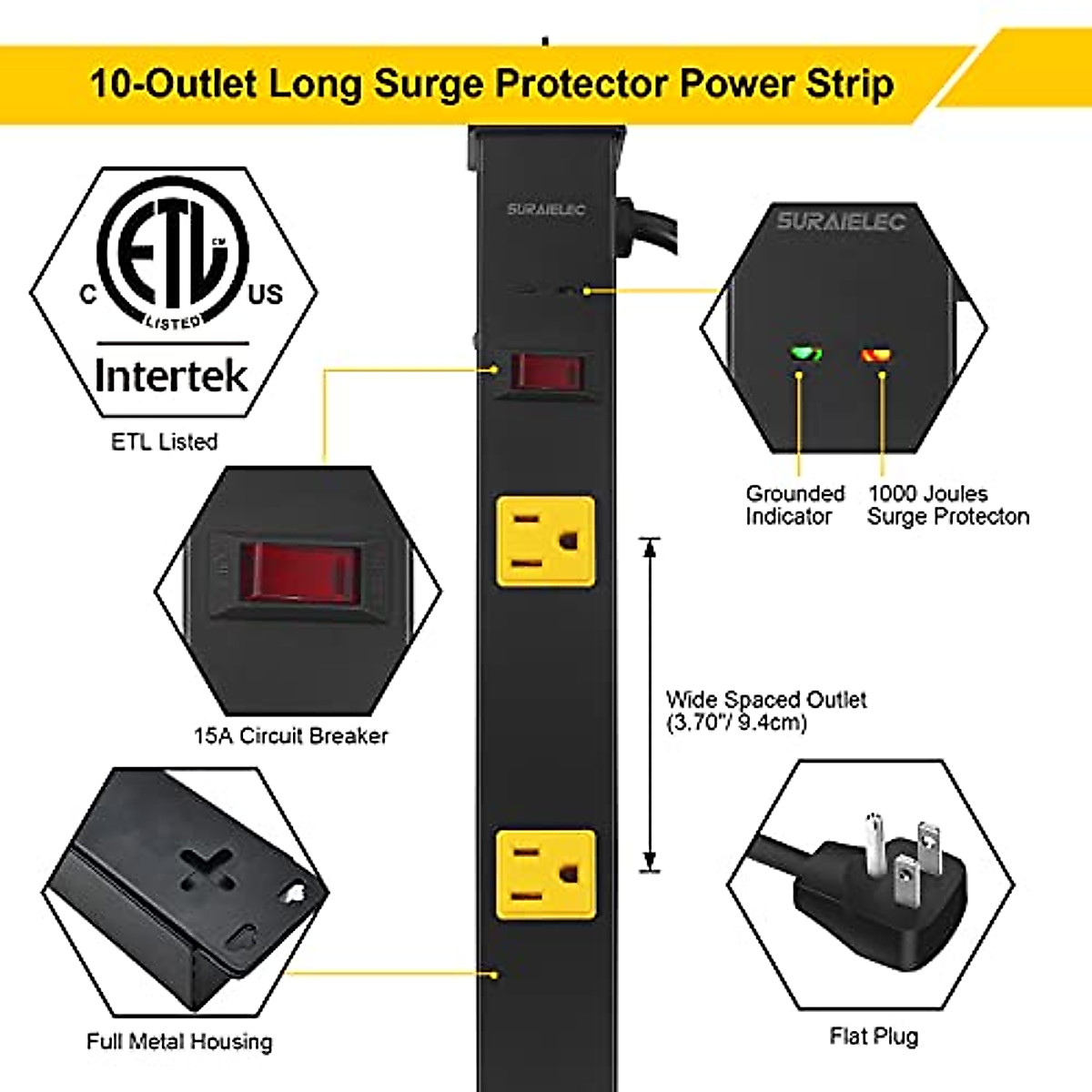 Suraielec 10 Outlet Long Power Strip Surge Protector, Industrial Heavy Duty Metal Shop Power Strip with Flat Plug, 1000 Joules, 15 AMP Breaker, 6FT Cord, Wall Mountable, for Work Bench, Shop, Garage