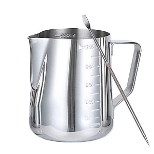 Francis King 20oz Stainless Steel Espresso Milk Steaming Pitcher with Latte Art Pen. 304 Stainless Steel with Embossed Measurements. Milk Foam and Frothing Pitcher. Barista Coffee Accessories