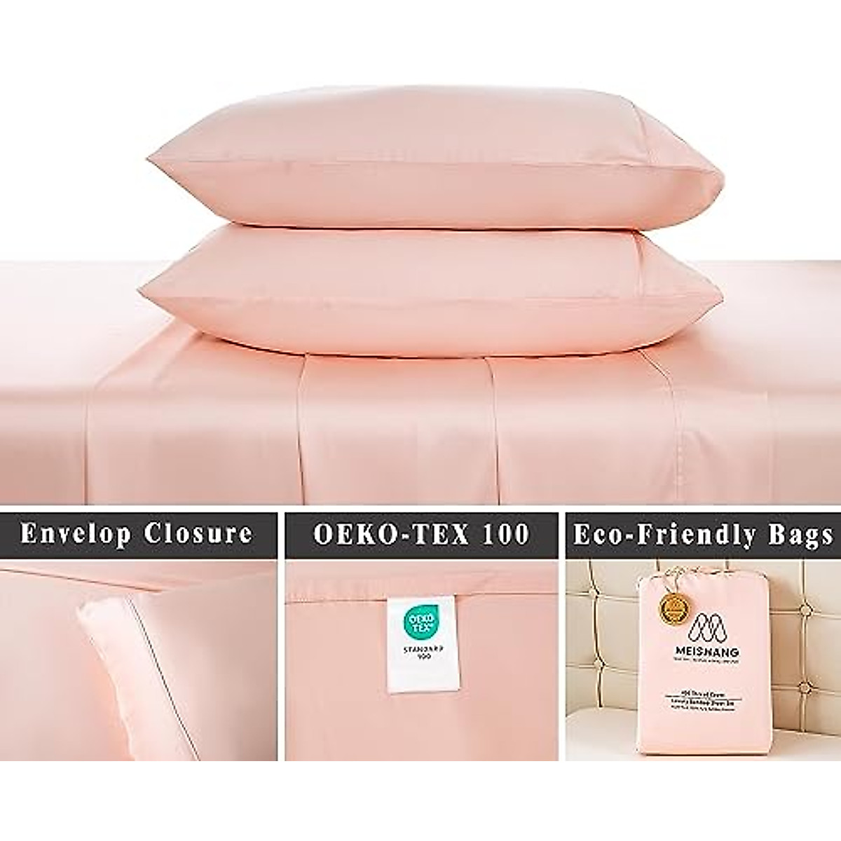 MEISHANG Bamboo Sheet Set Queen Size - 100% Pure Organic Viscose - 400TC Bamboo Cooling Bed Sheets Set - Fit 16 Inch Deep Pocket - 4 Piece Set Silky Soft Luxury - Queen, Light Pink
