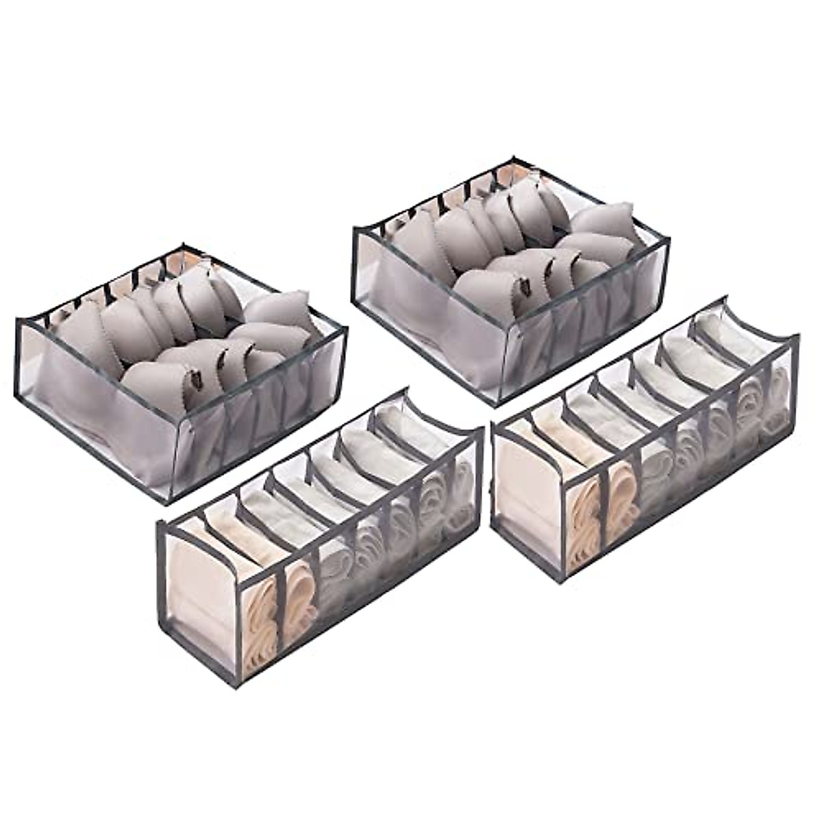 4 Pcs Sock Underwear Drawer Organizer Dividers, Underpants Closet, Nylon Foldable Dresser Storage organization, Storage Bins Basket Organizers for Bras Socks Underpants Panties and Ties Grey