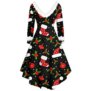 Red Dresses for Women Sexy Santa Christmas Printed Midi Dresses Furry V-Neck A-Line Swing Party Dress Cosplay Costume