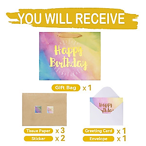 wishinside 13" Large Yellow Watercolor Gift Bag Set & Greeting Card and Tissue Papers (Gold Foil‘Happy Birthday’) for Women's, Men's, Girls, Boys, Baby Shower