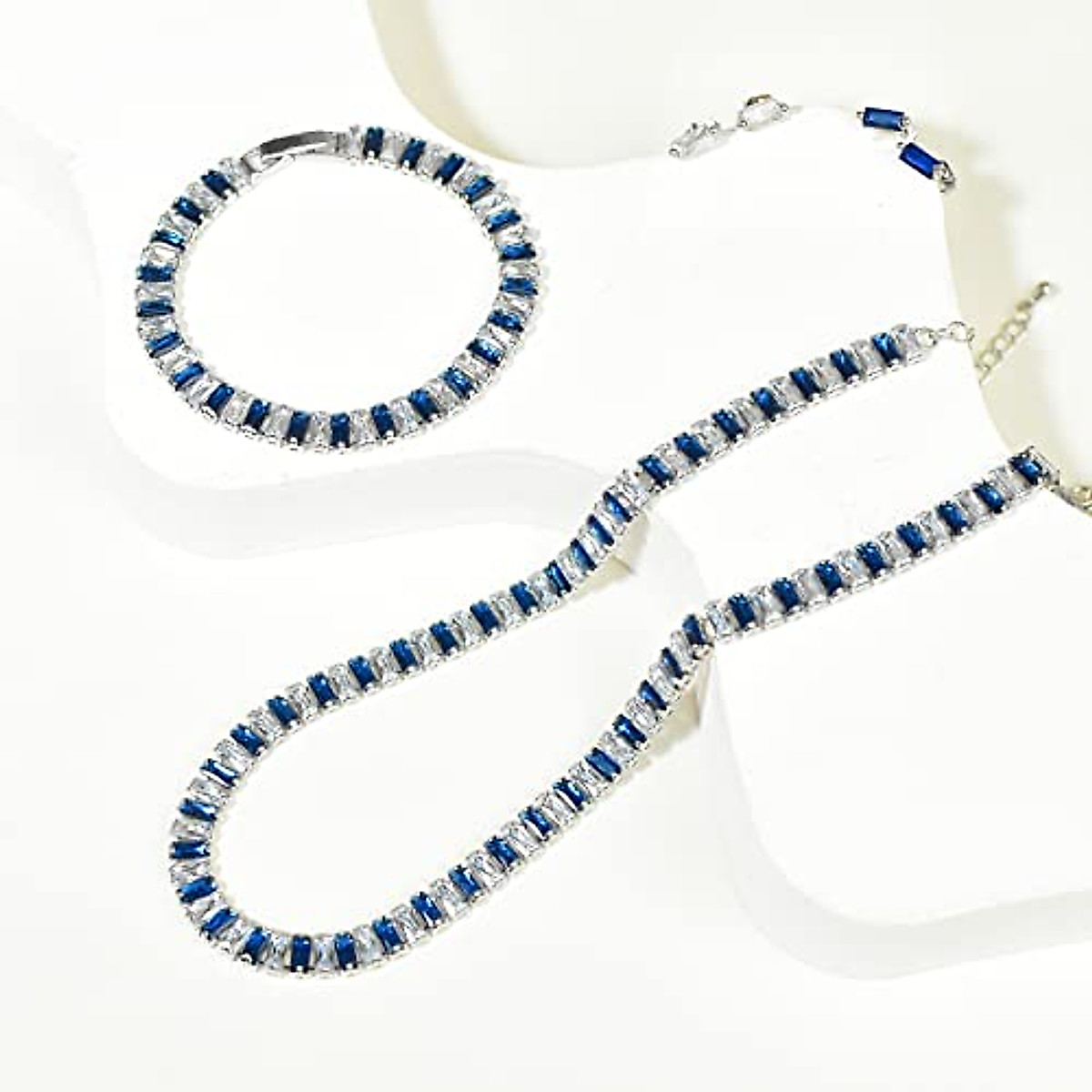 PORIMEE Silver Tennis Necklace Bracelet Earrings Sets Pack of 4, Blue Cubic Zirconia Tennis Jewelry Set for Women Trendy Fashion Jewelry Gift for Girls