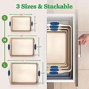 NutriChef 3-Piece Nonstick Bakeware Set - Premium Carbon Steel Baking Trays with Blue Silicone Handles, Easy to Clean, Small, Medium & Large Cookie Sheet Pans