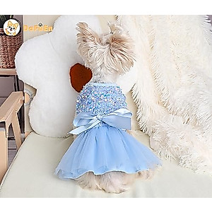 Dog Sweater Dress for Small Dogs Girl Fall Winter Fleece Warm Puppy Dresses Clothes Outfit Apparel Cute Sequins Bowknot Pet Skirt for Cats Holiday Doggie Wedding Dress Coats (X-Small, Blue)