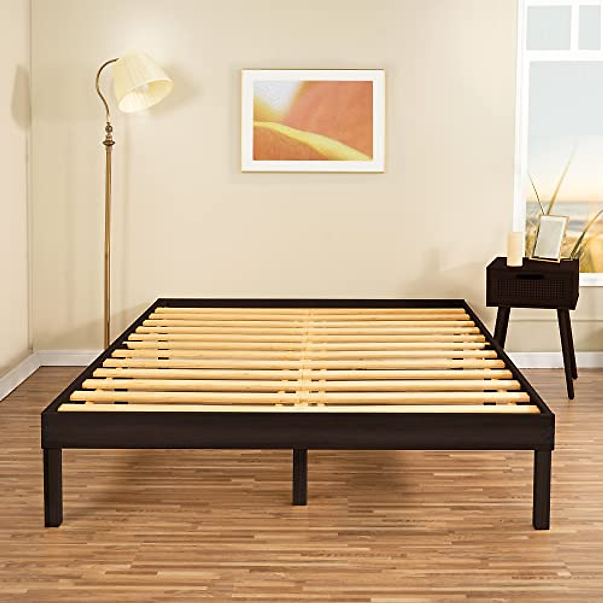 Naomi Home Lucia 14 Inch Solid Wood Platform Bed Queen Bed Frame, Pine Wood Queen Platform Bed Frame, No Squeak Bed Frame, Bed Frame Queen Size, No Box Spring Needed, Sturdy Bed Frame - Espresso