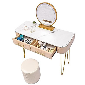 IMGDD 39.4" Length Flannel Soft Roll Makeup Vanity Set, Fasionable Soft Roll Makeup Table, 15.8" Touch Control 3 Brightness Options LED Mirror, Large Capacity Storage, Fashionable Soft Roll Stool