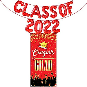 Red Class of 2022 Balloons - 16 Inch, Graduation 2022 Balloons Red | Large Congrats Grad Graduation Door Banner - 74x36 Inch | Class of 2022 Banner, Graduation Party Decoration | Graduation Door Cover
