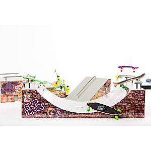 Grip and Tricks - Fingerboard Park Halfpipe with 1 Finger Skate 8 Extra Mini Fingerboards Wheels and 1 Mini Skateboard Tool - Finger Toy 11”x4.5”x4” for 6+ Years Old Kid