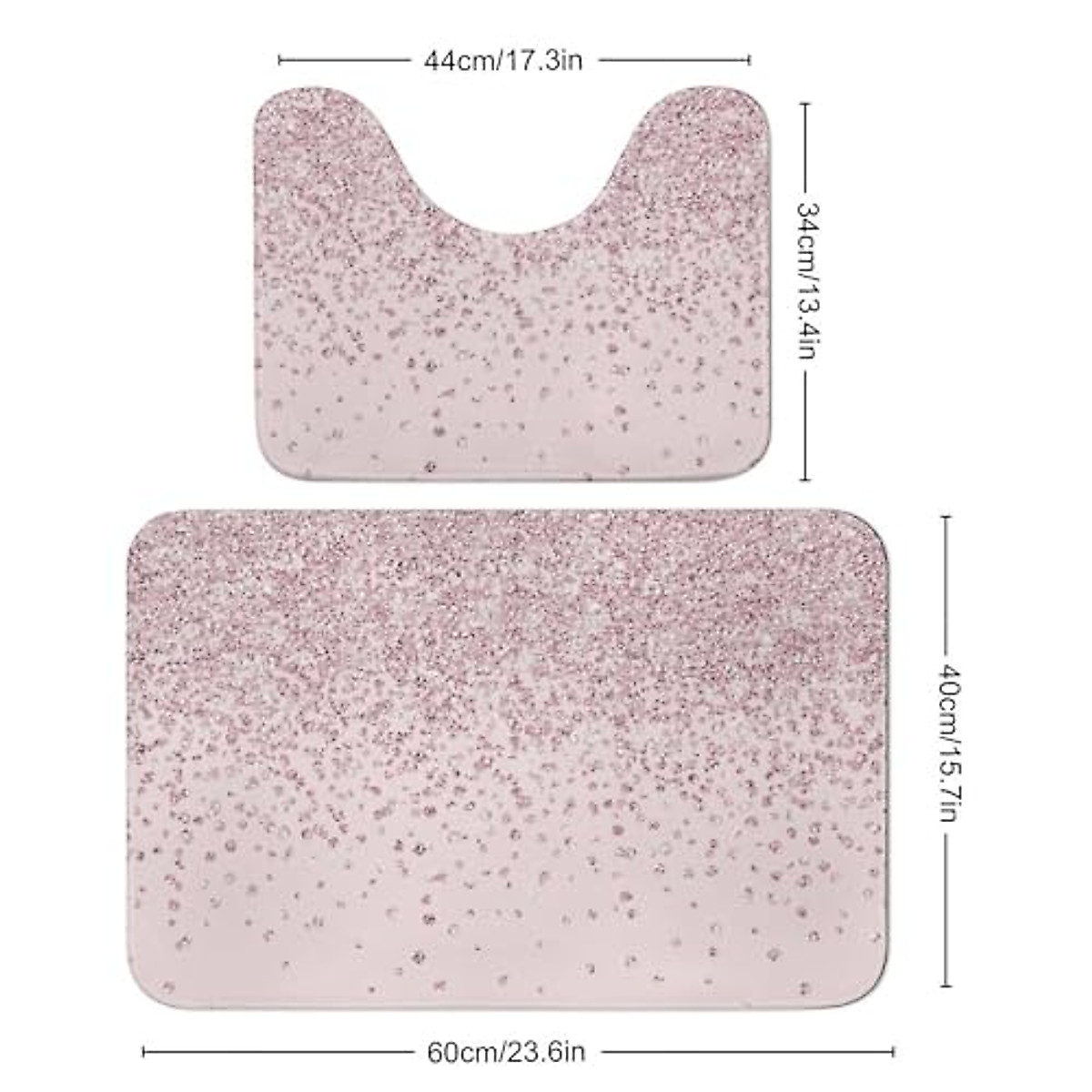 Bathroom Rug Set 2 Piece Blush Rose Gold Glitter Diamond Bath Rugs and U-Shaped Contour Toilet Rug, Non-Slip Bath Carpet Bath Mats for Bathroom 15.7"x23.6"