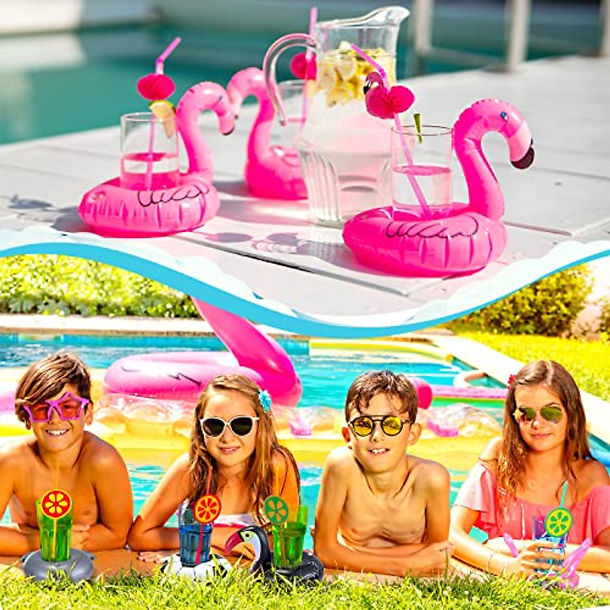 60 Pcs Pool Drink Floats Inflatable Drink Holder Drink Floaties Floating Cup Holders for Summer Swimming Pool Party Favors Bath Toys, 30 Styles