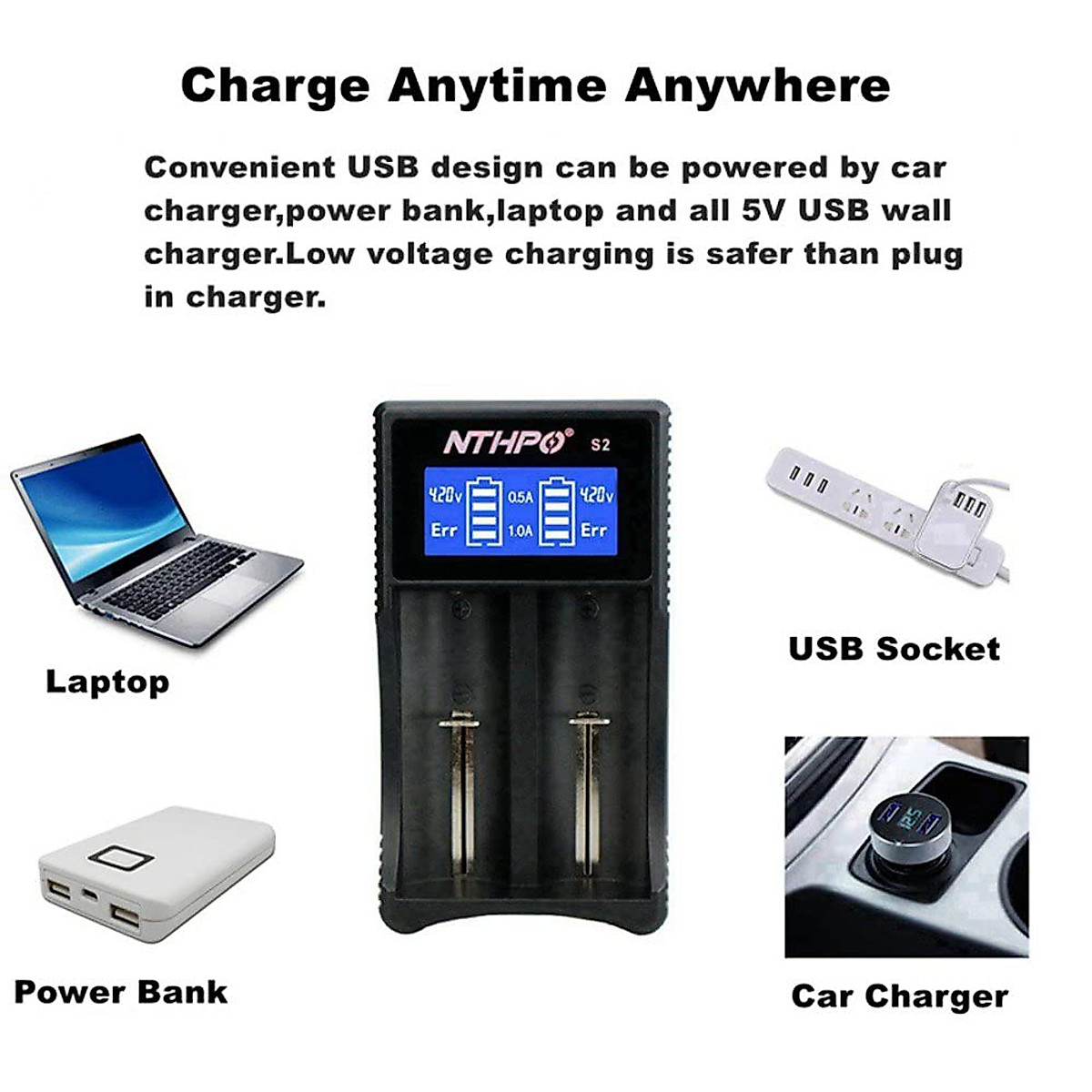 NTHPO S2 One Speedy Charger with Two Battery Storage Bags, LCD Display Intelligent Charger for Rechargeable Li-ion 26650 22650 18650 18490 18350 4500 RCR123, Ni-MH A AA AAA Batteries