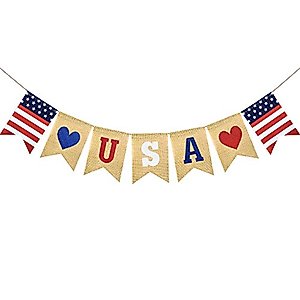 FAKTEEN USA Burlap Banner for 4th of July Patriotic Decorations Red White Blue Stars Garland American Independence Day Memorial Day Mantel Fireplace Party Supplies