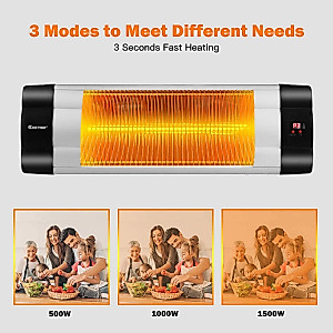 COSTWAY Outdoor Patio Heater, 1500W Electric Infrared Heater with Remote Control, 24H Timer, 3 Adjustable Modes, Quiet 3s Instant Heat, Wall-mounted Space Patio Heaters for Outdoor Use, Home, Backyard