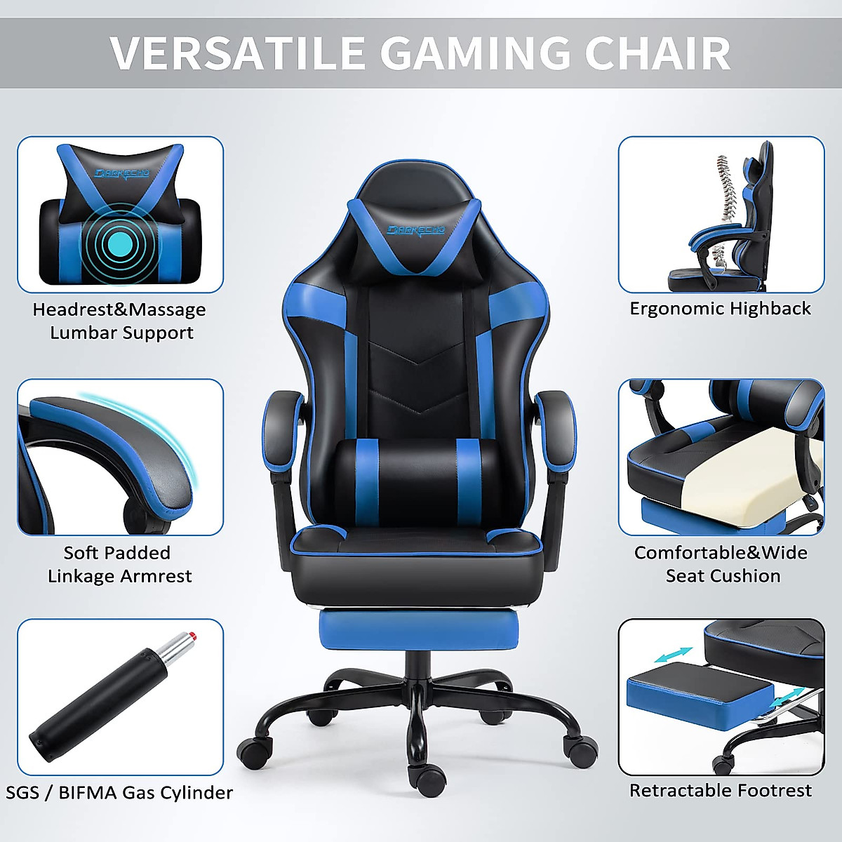 Darkecho Massage Gaming Chair with footrest,Computer Chair with Flat Seat Cushion,Height Adjustable Gamer Chair with Padded Armrests,Headrest and Lumbar Support for Office or Gaming Blue