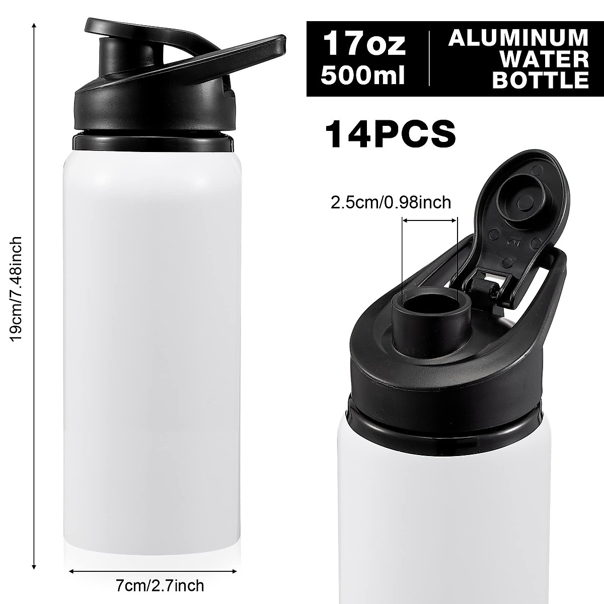 Gandeer 14 Pcs Aluminum Water Bottle 17 Oz Bike Bottles with Snap Lid Reusable Easy Carry Sports cups for Camping Hiking(White)